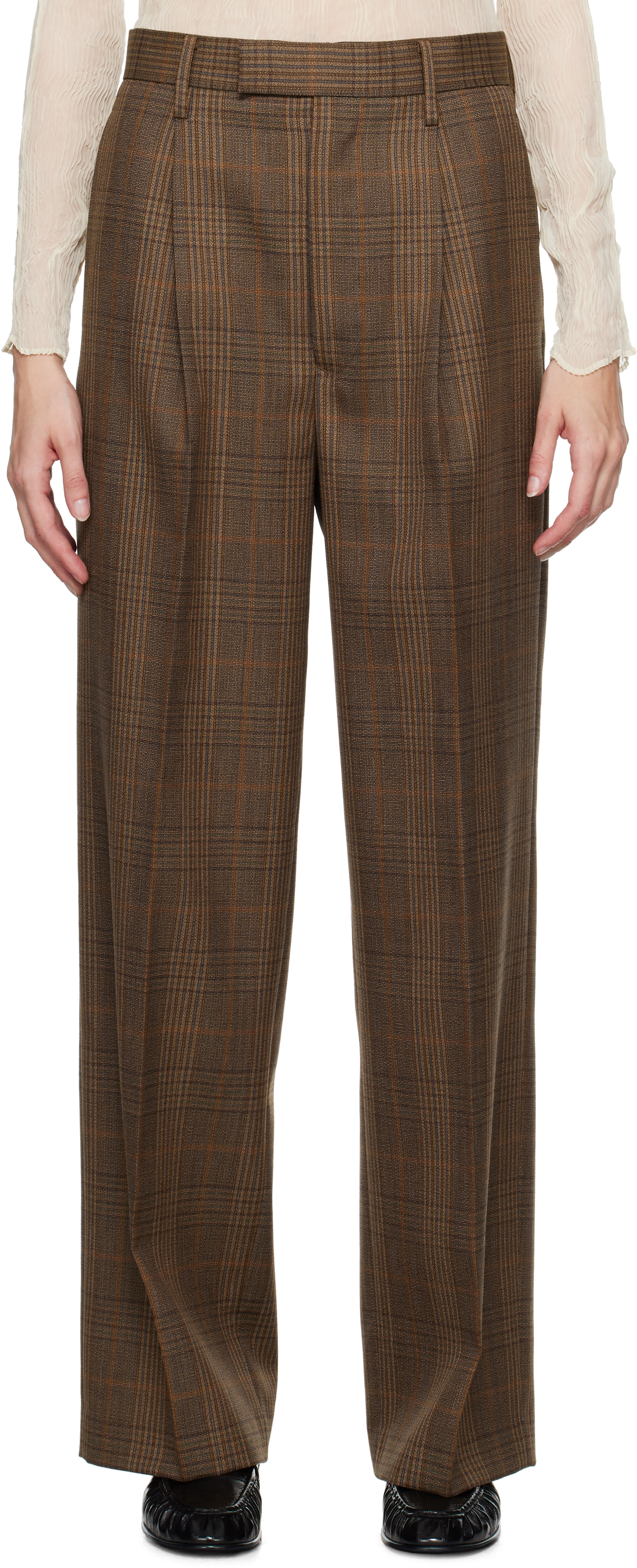 Auralee Bluefaced Wool Check Trousers - Brown Check | Editorialist